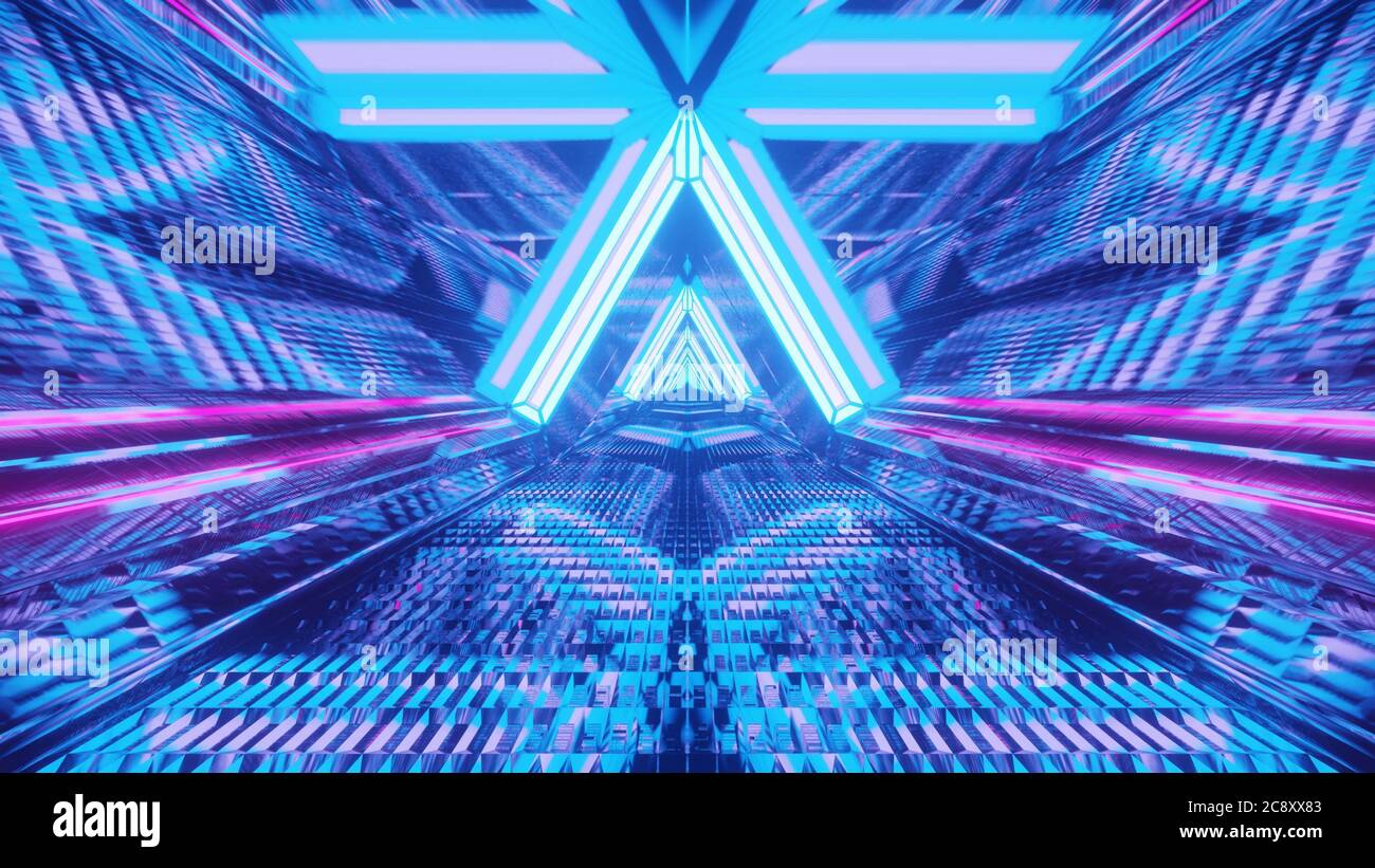 3D rendering of a cool trippy futuristic hallway in a triangular form ...