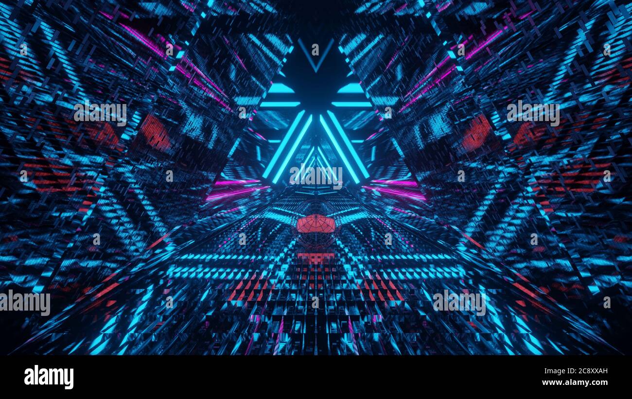 3D rendering of a cool trippy futuristic hallway in a triangular form ...