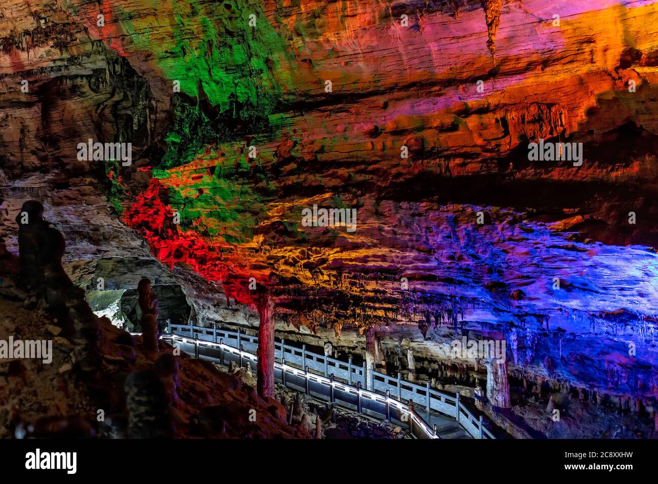 Illuminated stairs and walking trail path inside the stunning and ...