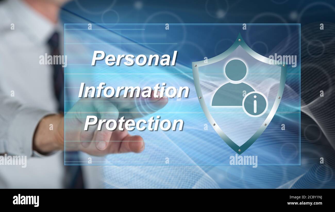 Man touching a personal information protection concept on a touch ...