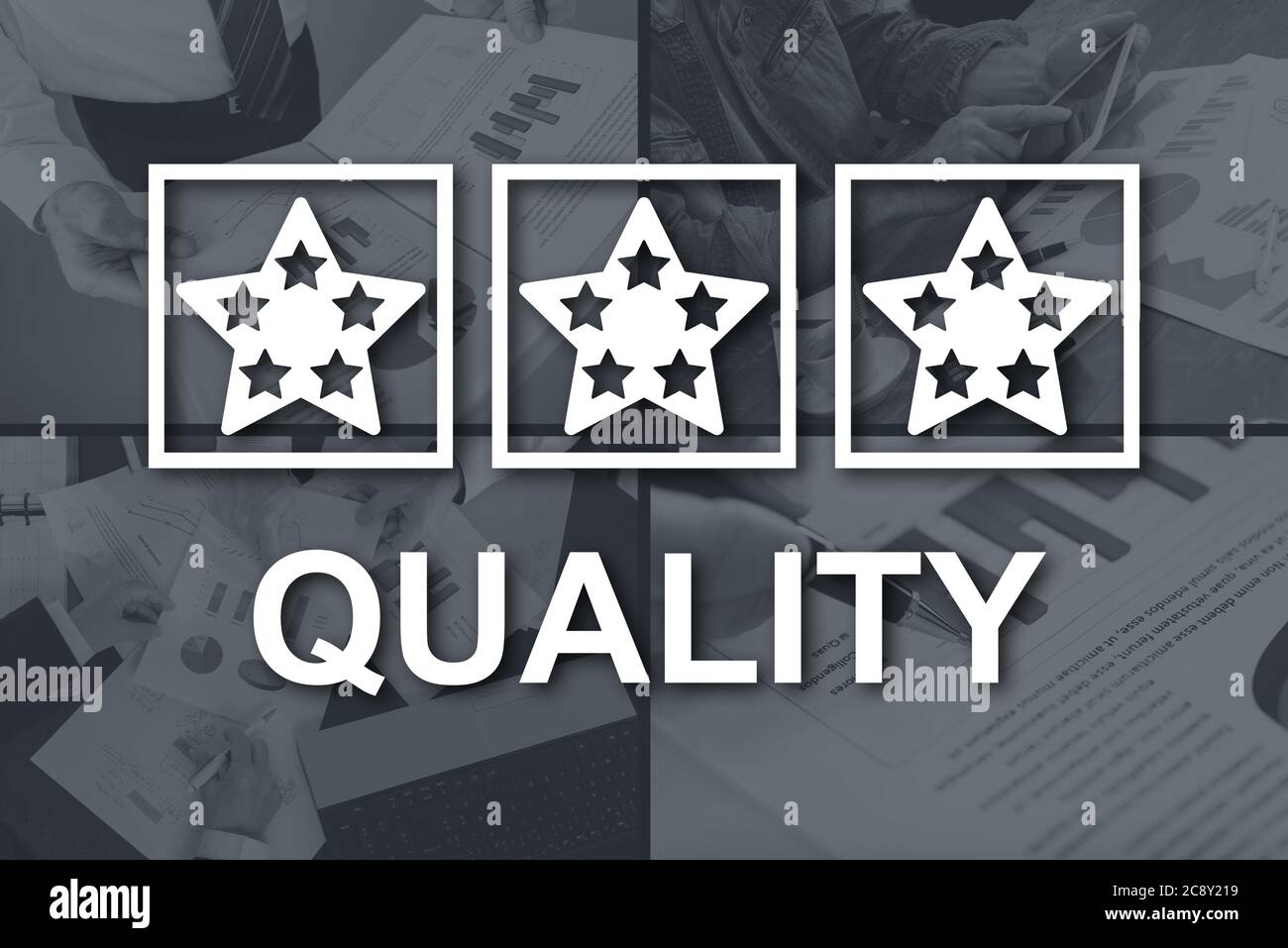 Quality concept illustrated by pictures on background Stock Photo - Alamy