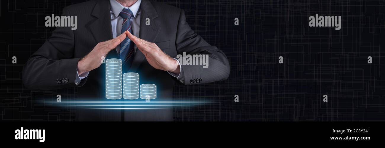 Money protection concept with businessman in a protective gesture Stock ...