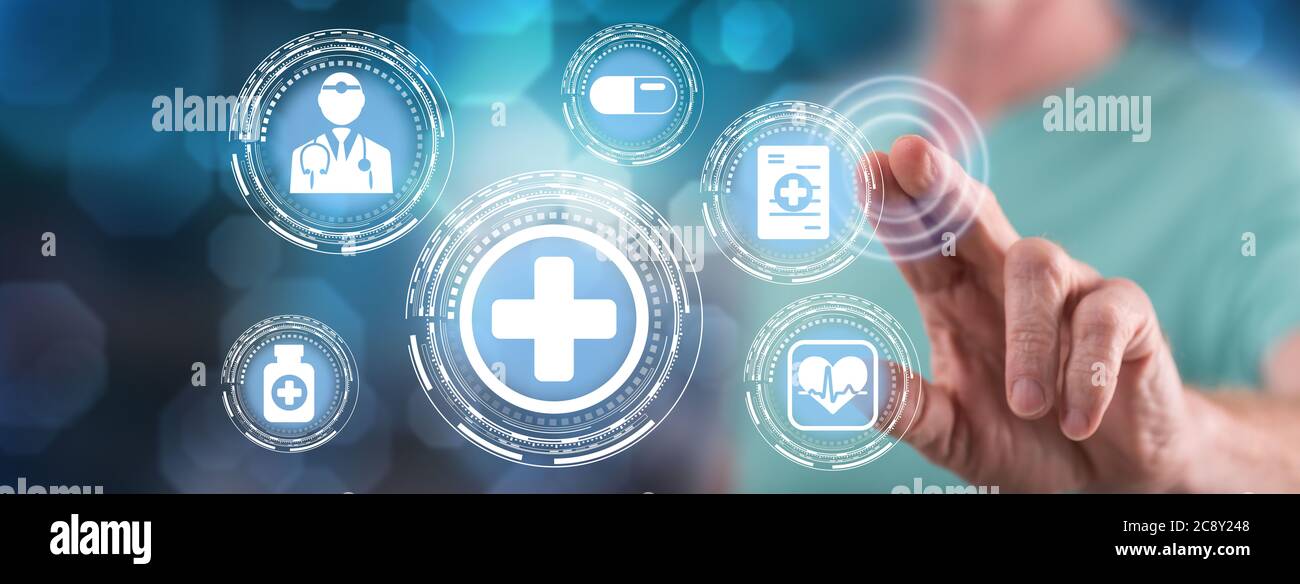 Man touching a healthcare concept on a touch screen with his finger ...