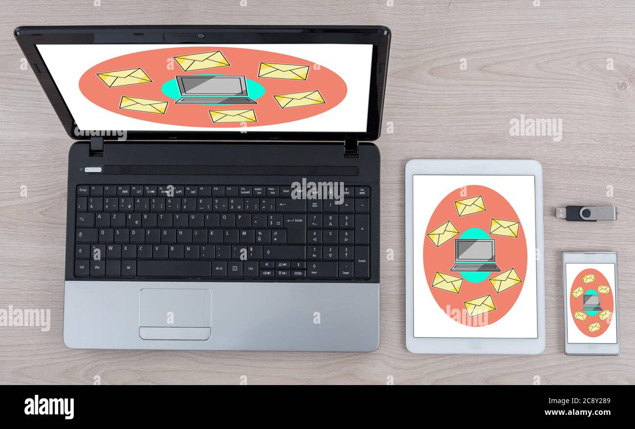 Email concept shown on different information technology devices Stock ...