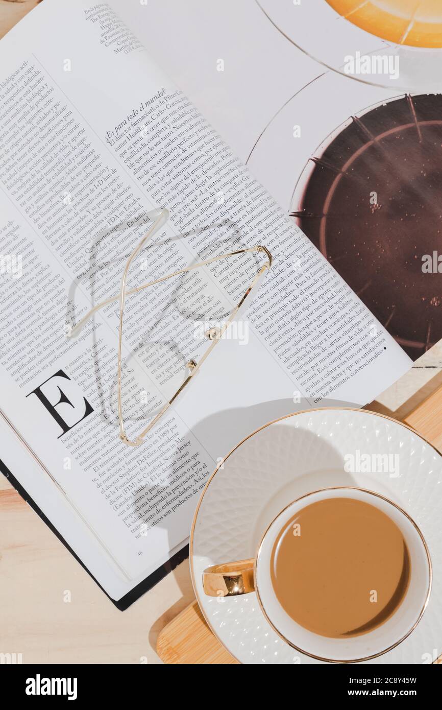 Morning coffee flat lay with hard light Stock Photo - Alamy