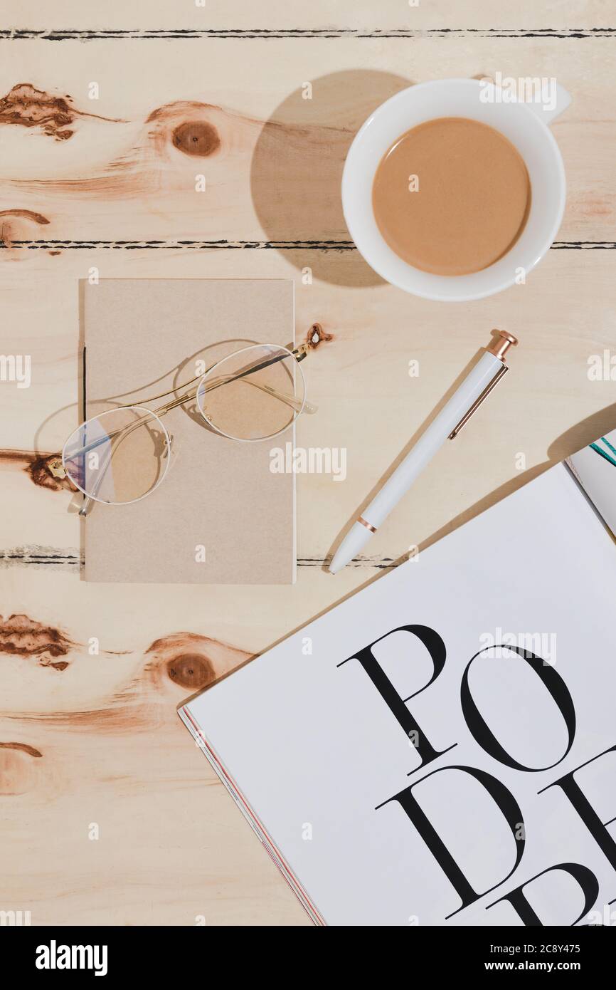 Morning coffee flat lay with hard light Stock Photo - Alamy