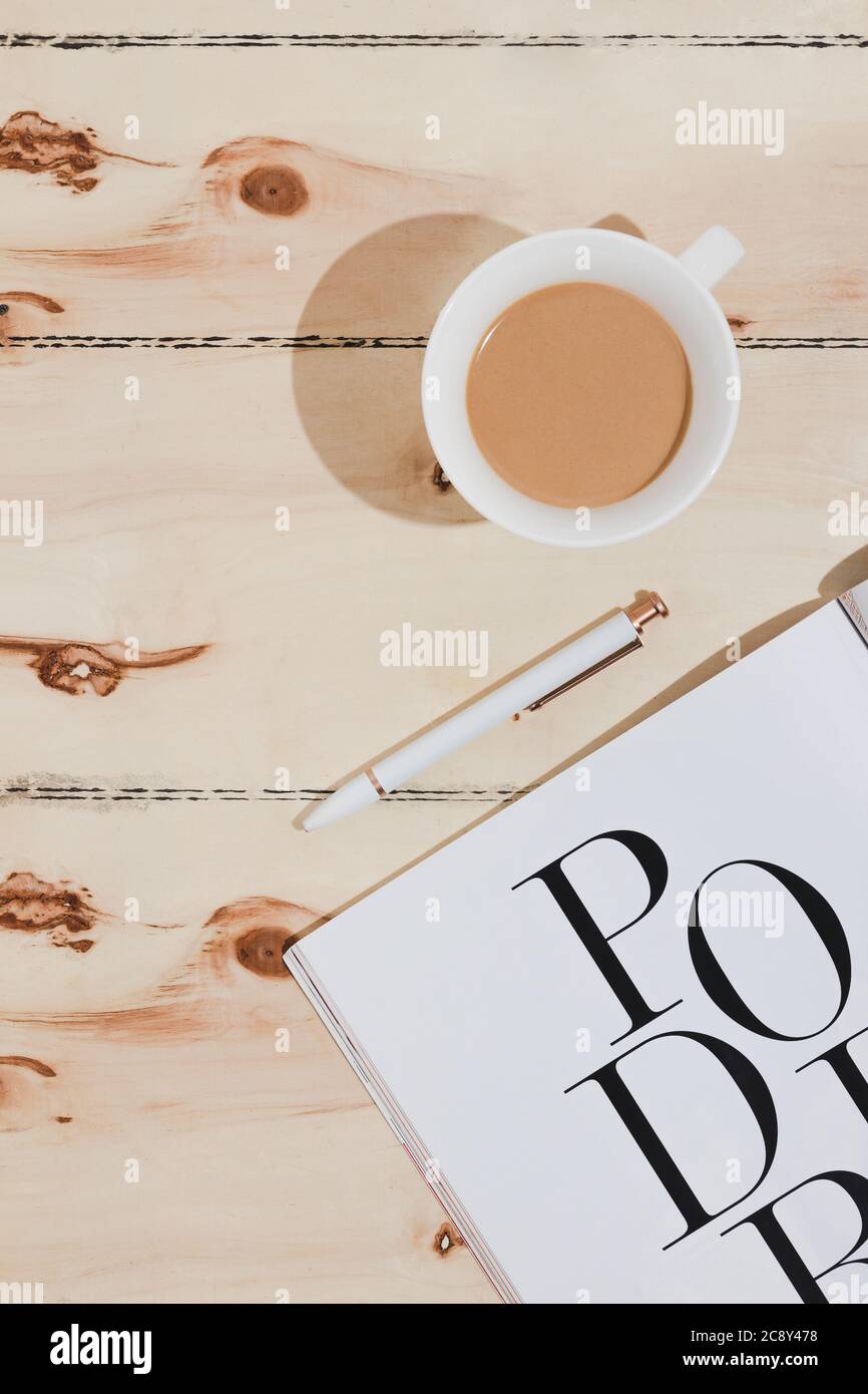 Morning coffee flat lay with hard light Stock Photo - Alamy