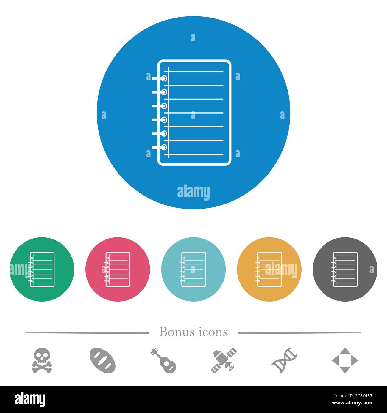Notepad flat white icons on round color backgrounds. 6 bonus icons ...