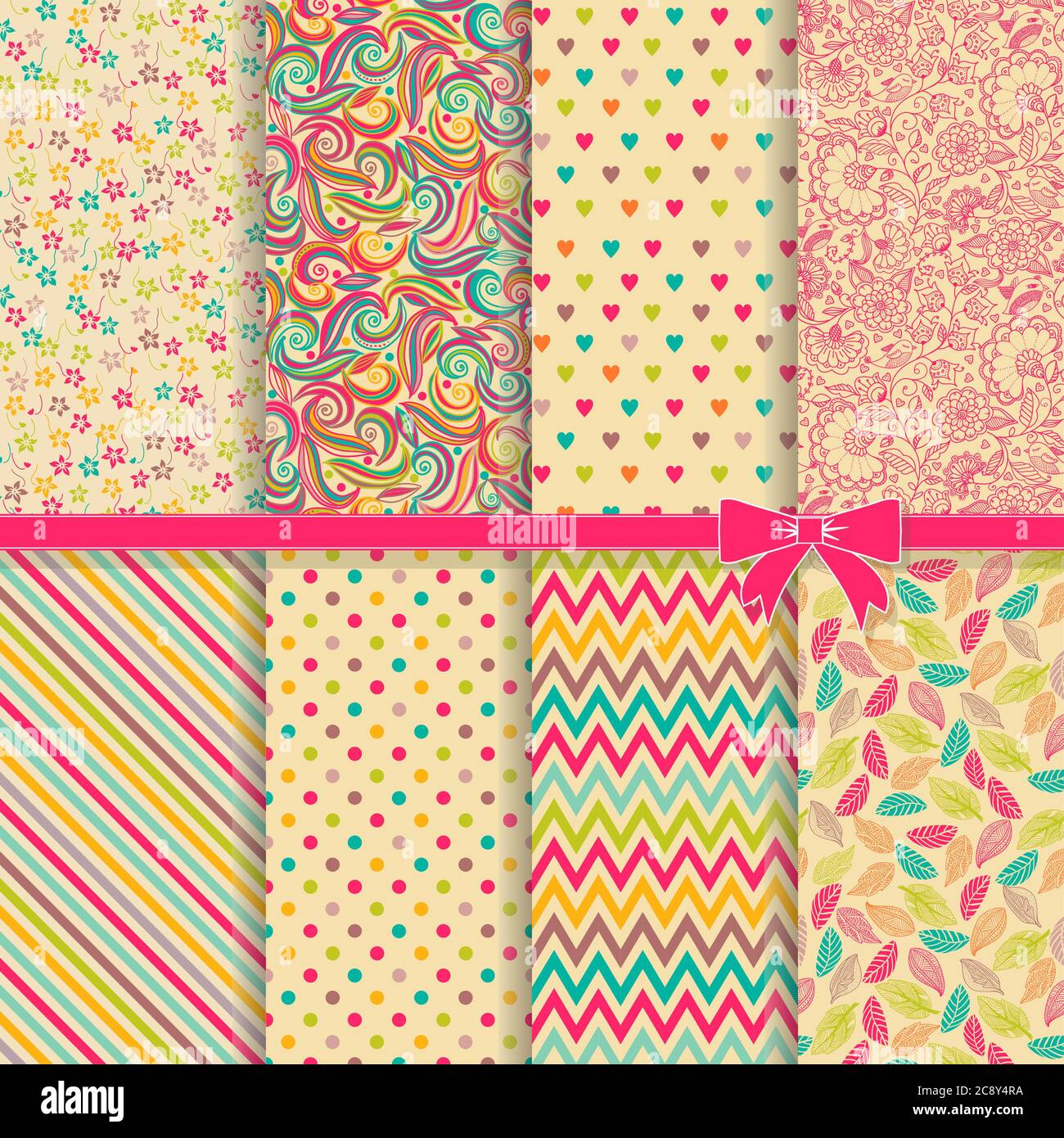 collection of 8 vintage colorful seamless patterns Stock Photo - Alamy