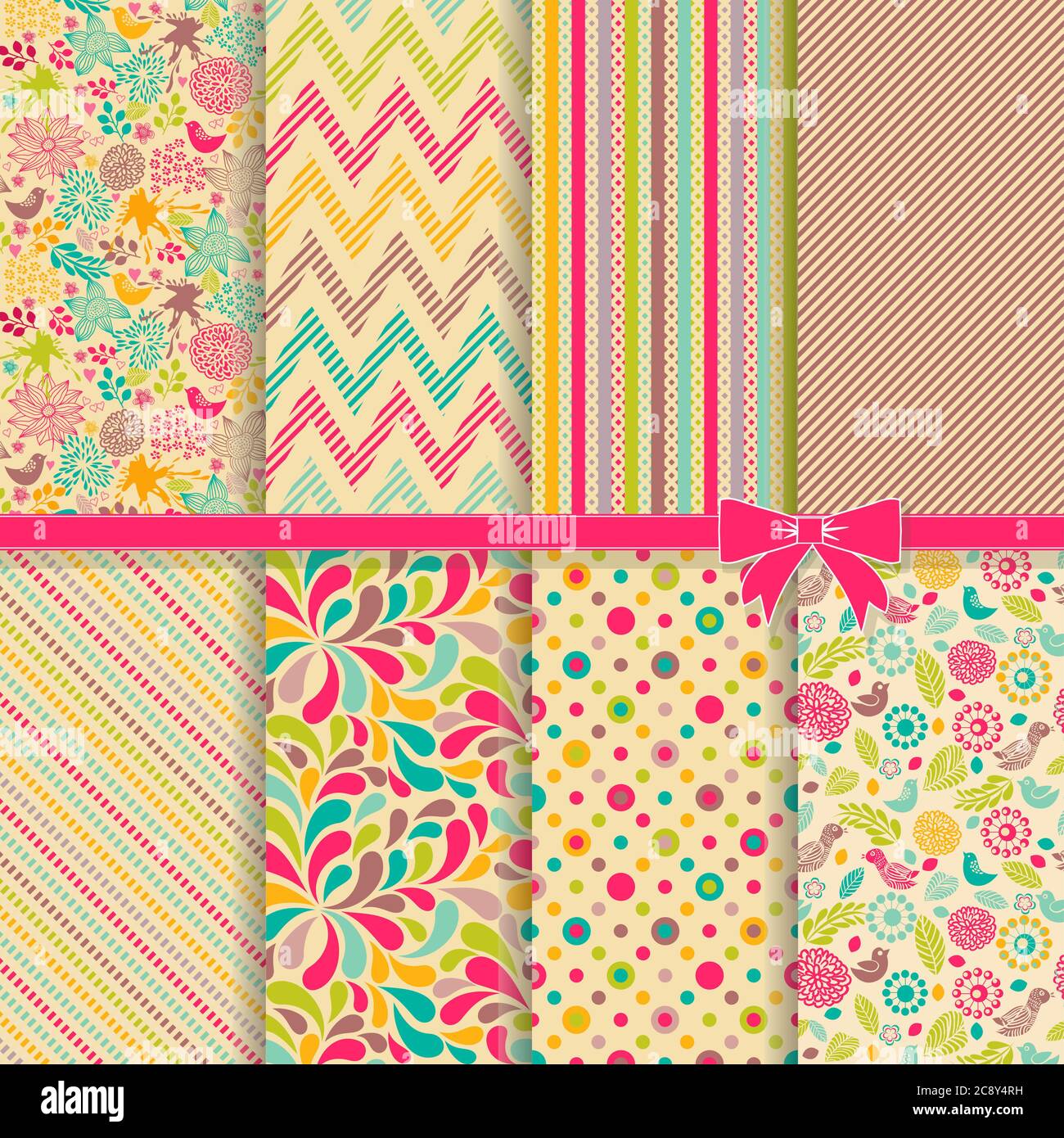 collection of 8 vintage colorful seamless patterns Stock Photo - Alamy