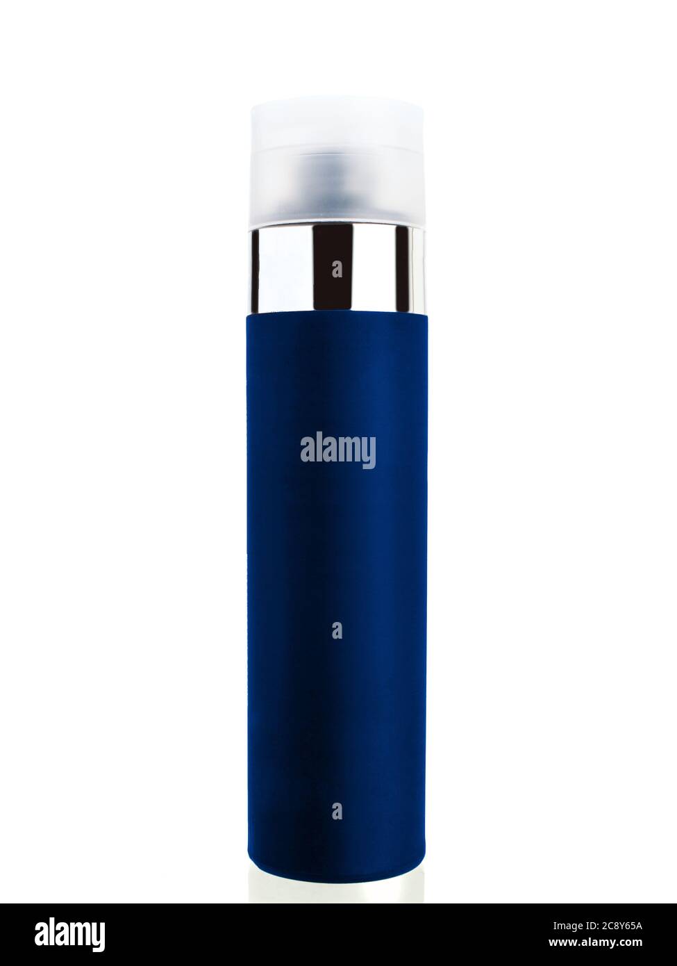 varnish hair spray in a dark blue iron label bottle with a white cap ...