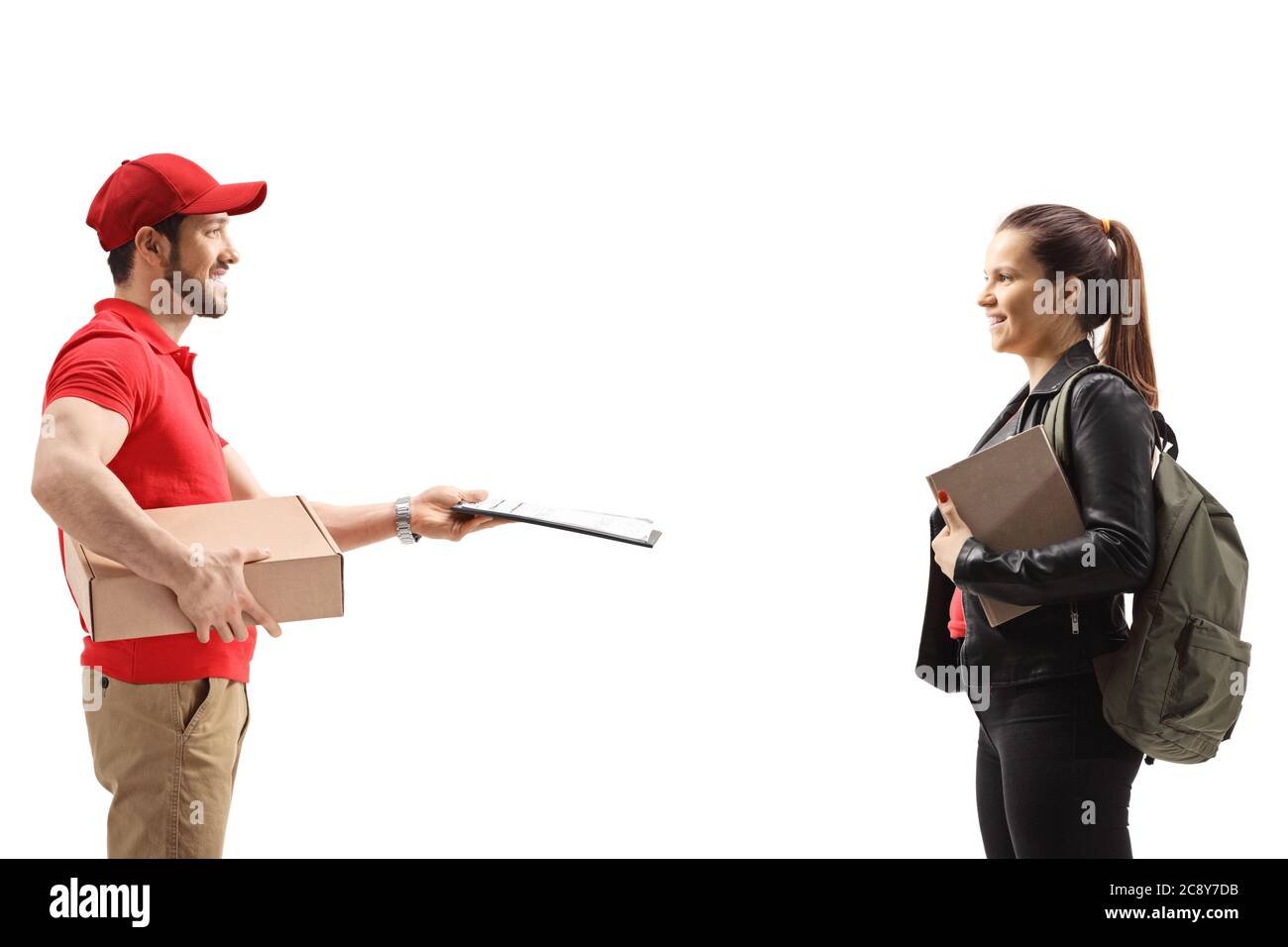 Man handing over a package to a female isolated on white background ...