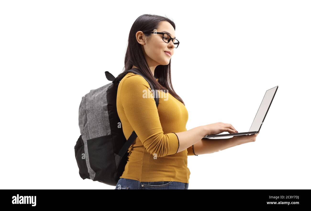 Student with a backpack and laptop standing isolated on white ...