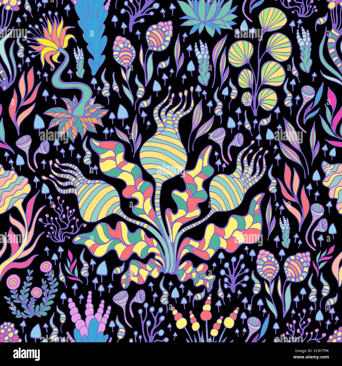 Tropical fantastic bright plants, mushrooms and flowers seamless ...