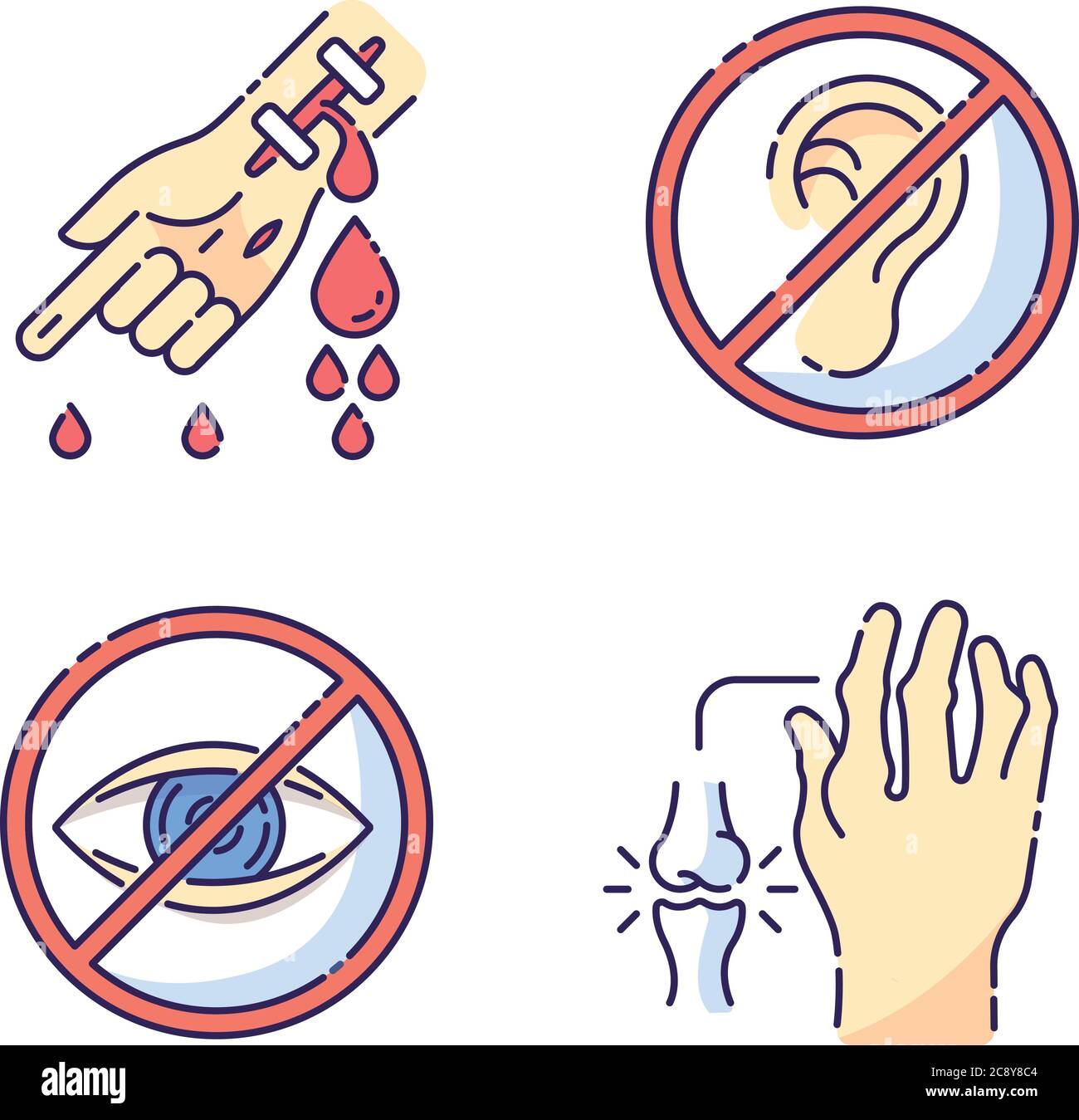 Health care problem RGB color icons set. Bleeding from hemophilia. Arm ...