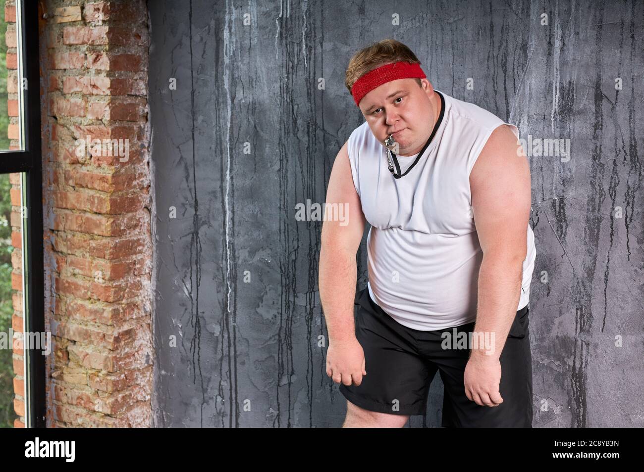 depressed fat caucasian man after sport exercises, man is exhausted ...