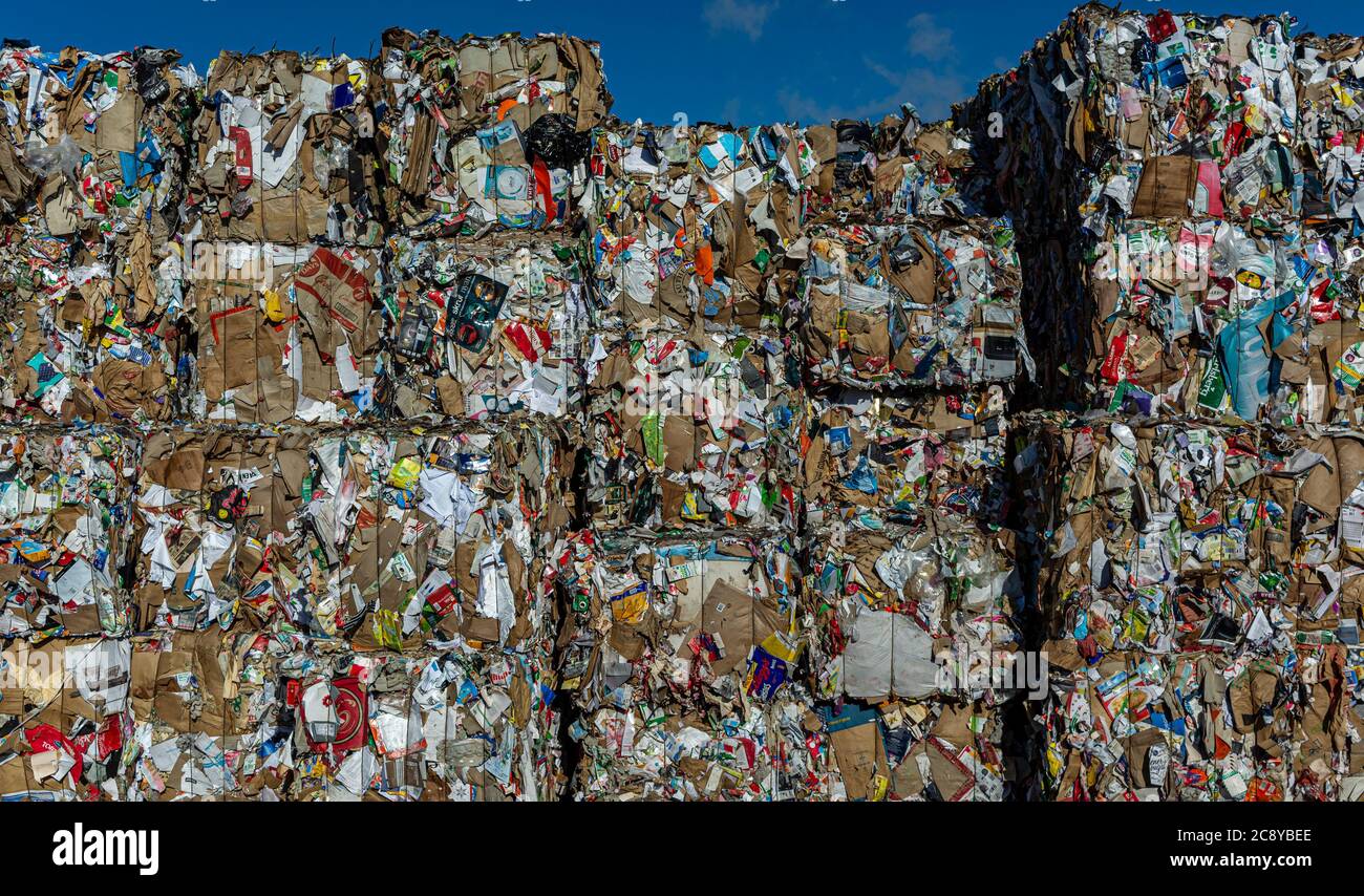 Sweden, Orebro, 24.02.2020: Bales of cardboard and box board. Waste ...