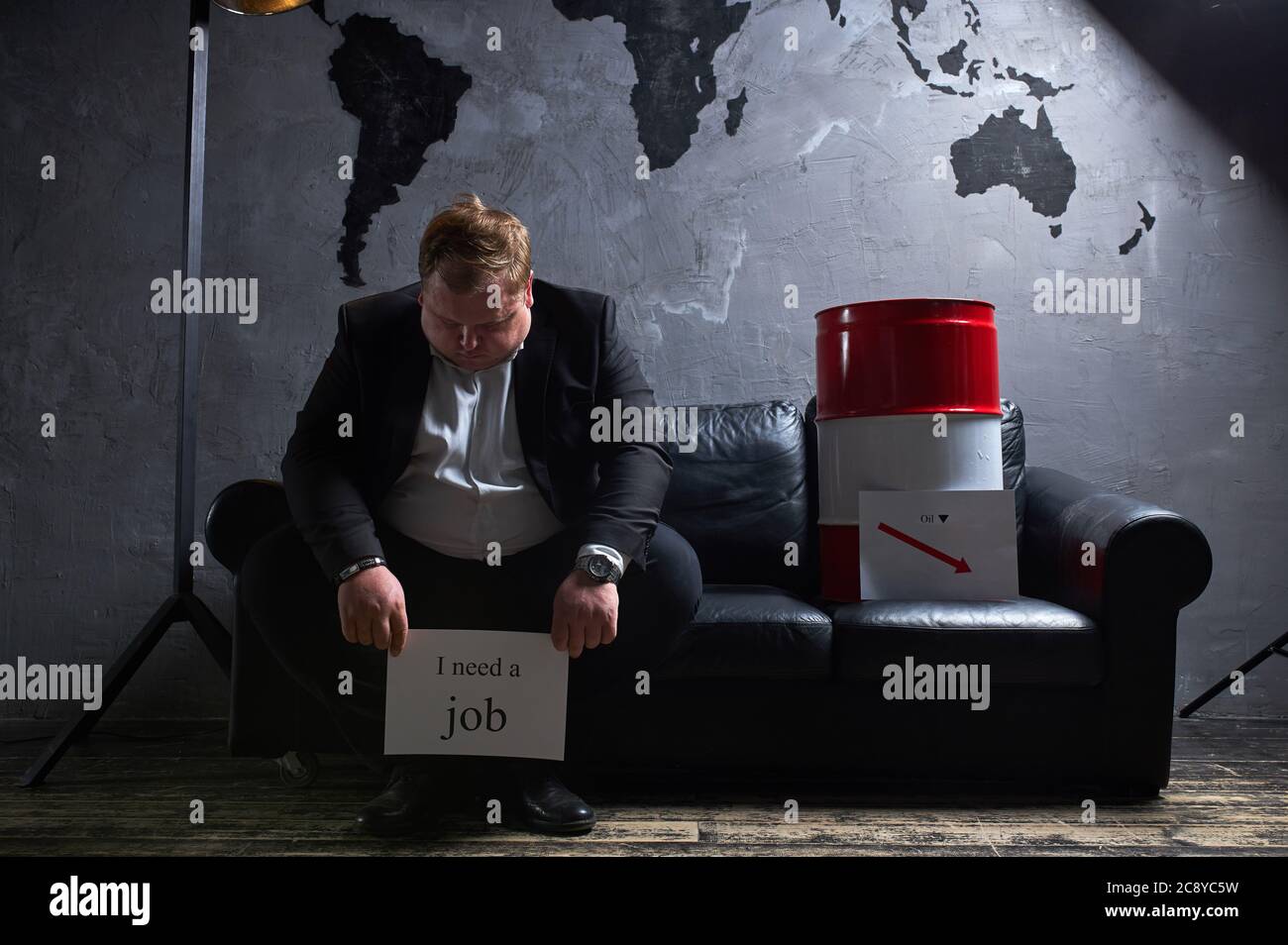 ruined caucasian oilman lost his job, fat guy in formal wear looking ...