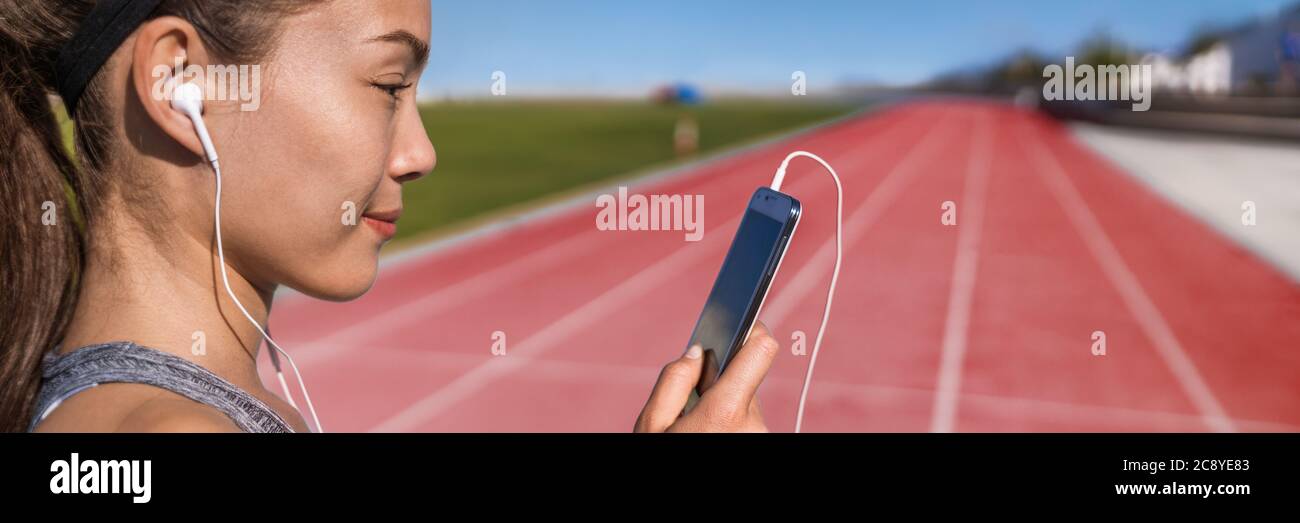 Running woman runner banner listening to music. Healthy lifestyle ...