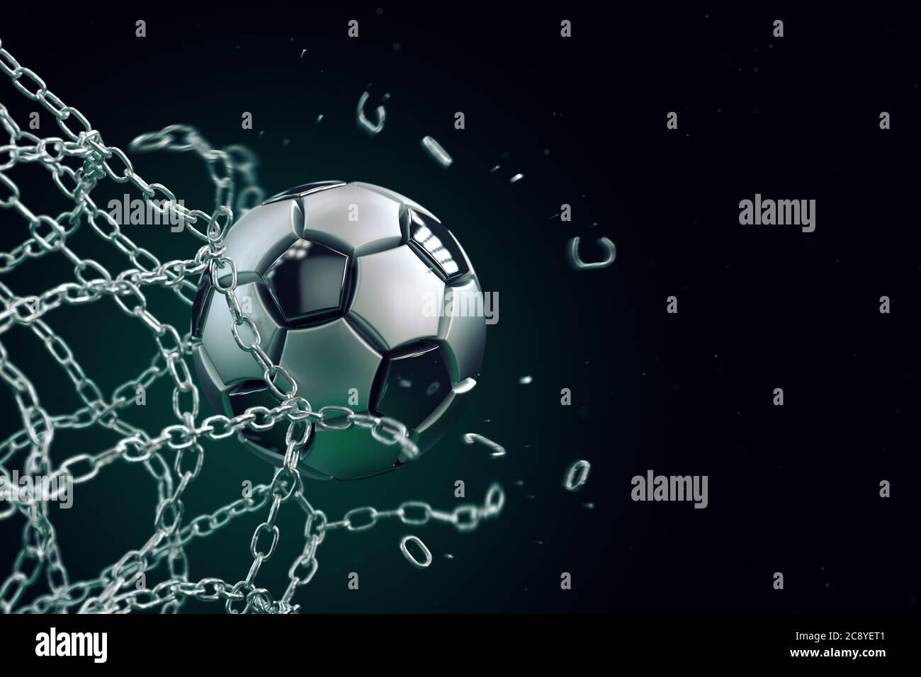 Soccer ball made of metal breaking metal net. Concept of football goal ...