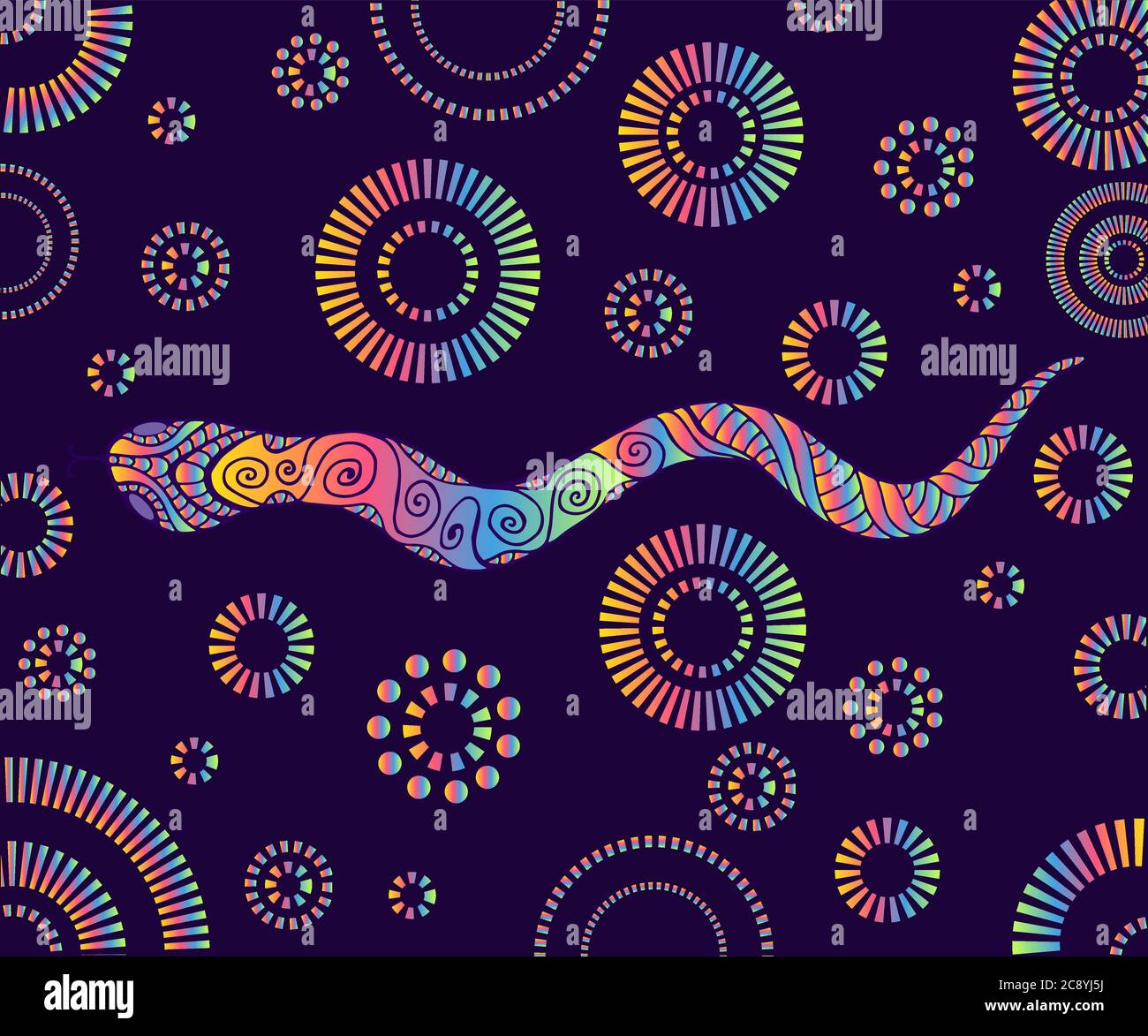 Vivid colorful snake, neon gradient color, isolated on dark purple ...