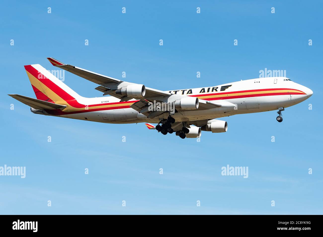 A Boeing 747 cargo airplane of Kalitta Air is ready to land at the ...