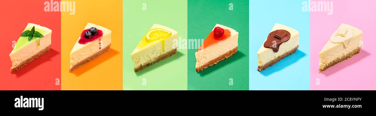 Collection of cheesecake slices with different topping sauce, isolated ...