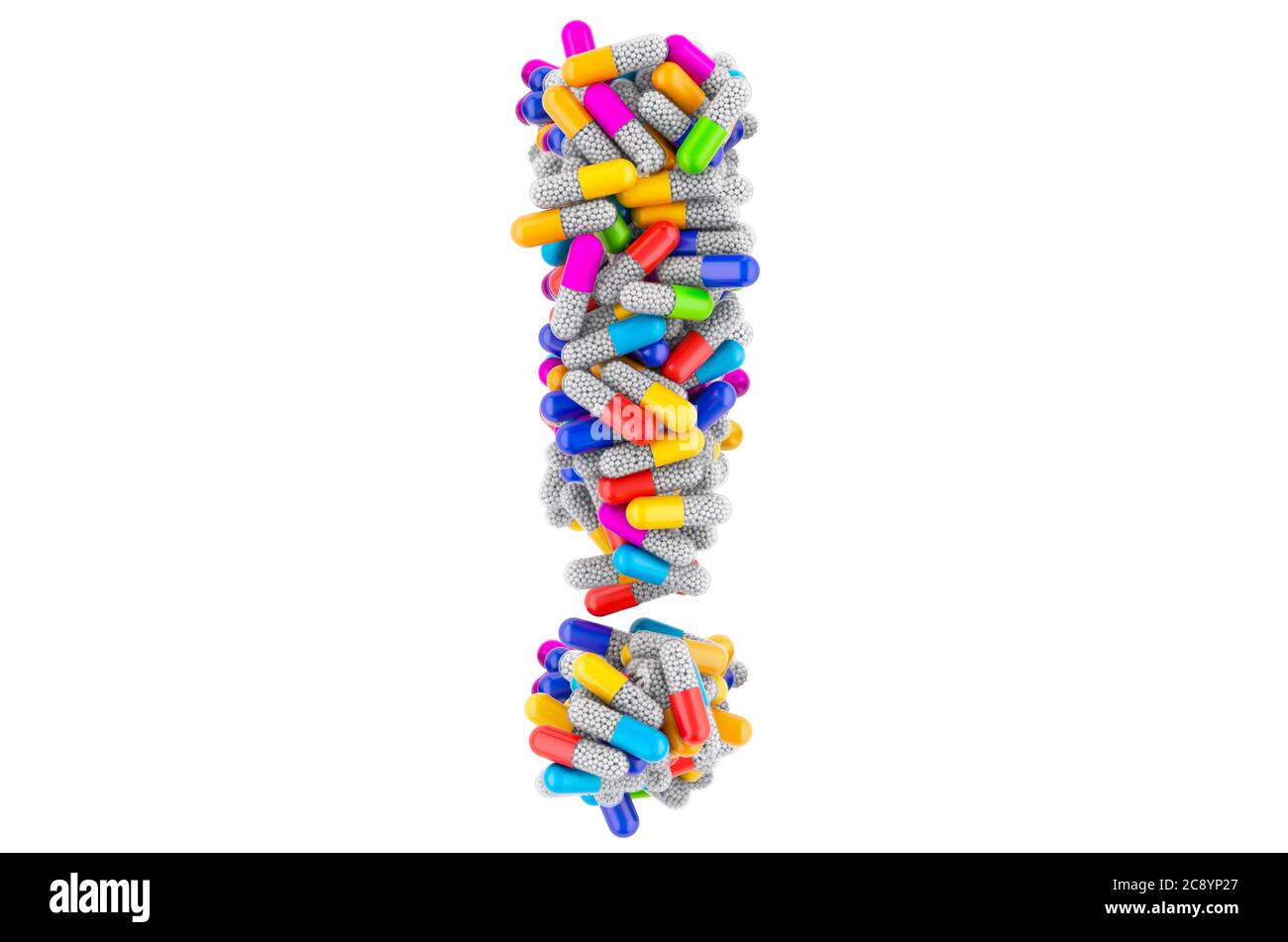Exclamation mark from colored capsules. 3D rendering isolated on white ...