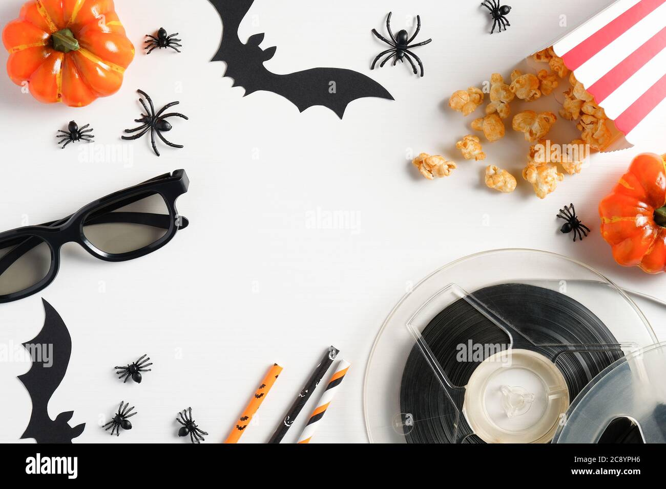 Halloween scary movie concept. Flat lay composition with popcorn ...