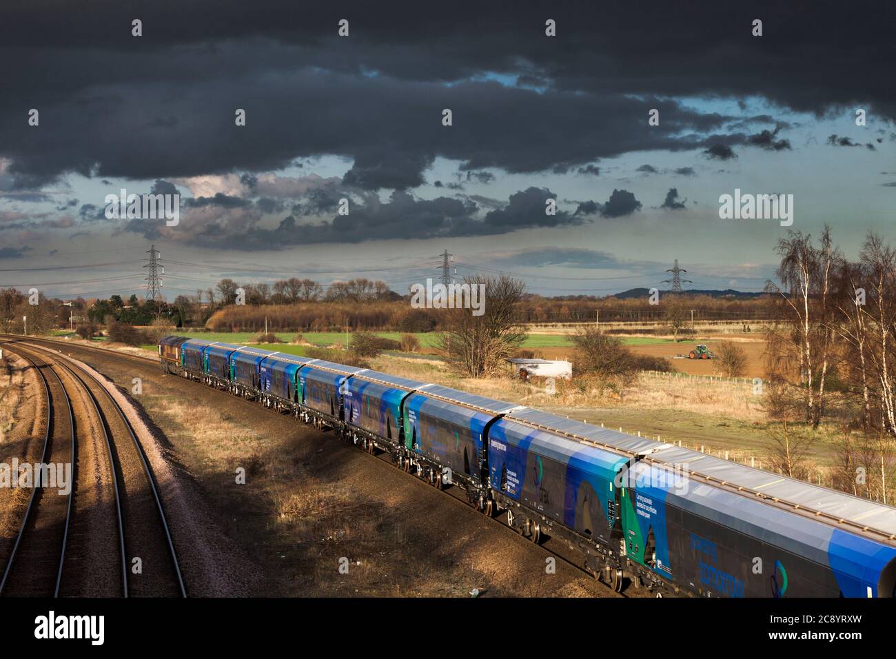 Freight train of brand new Drax biomass wagons manufactured by WH Davis ...