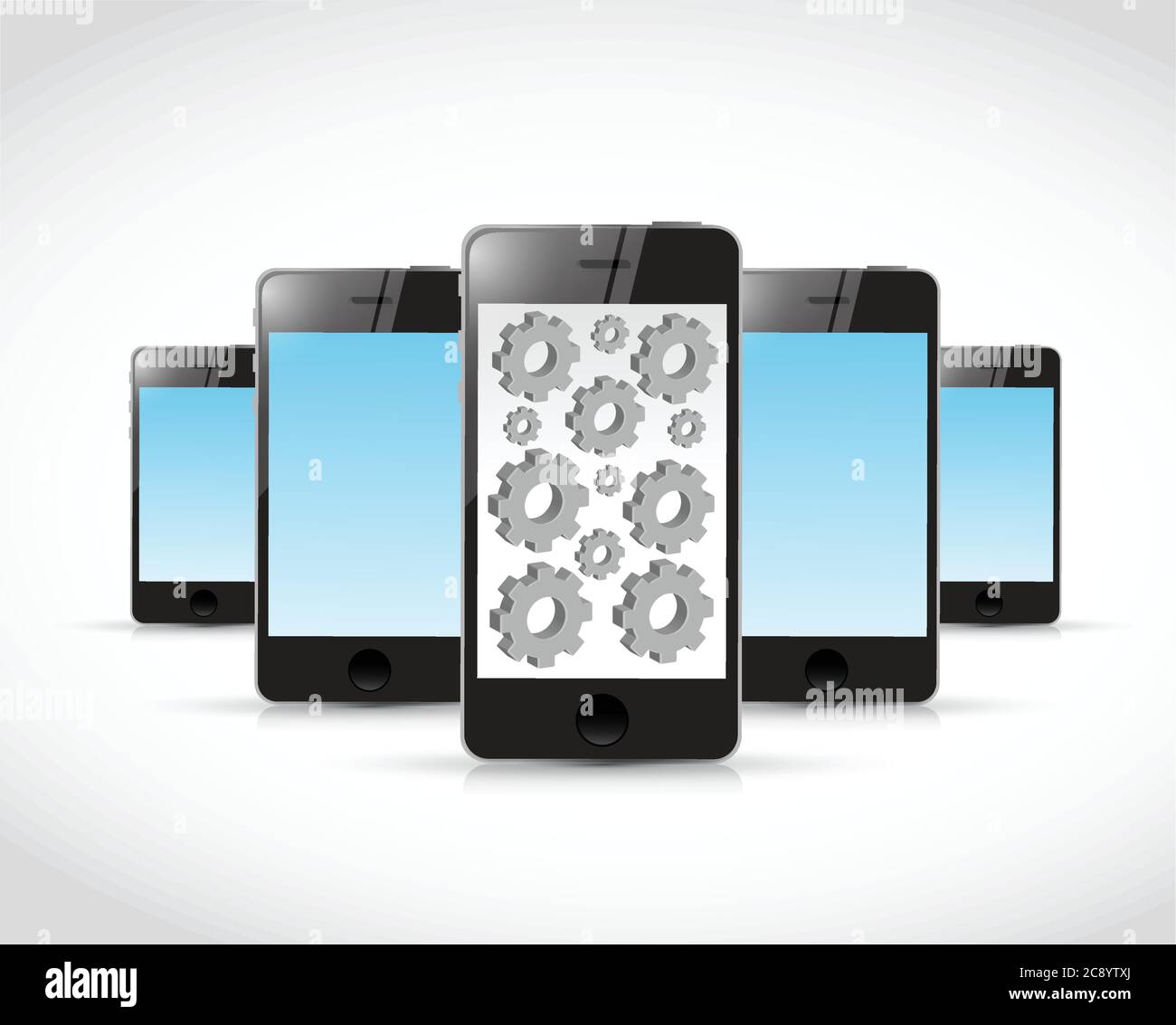 Set of smartphones and gears illustration design over a white ...