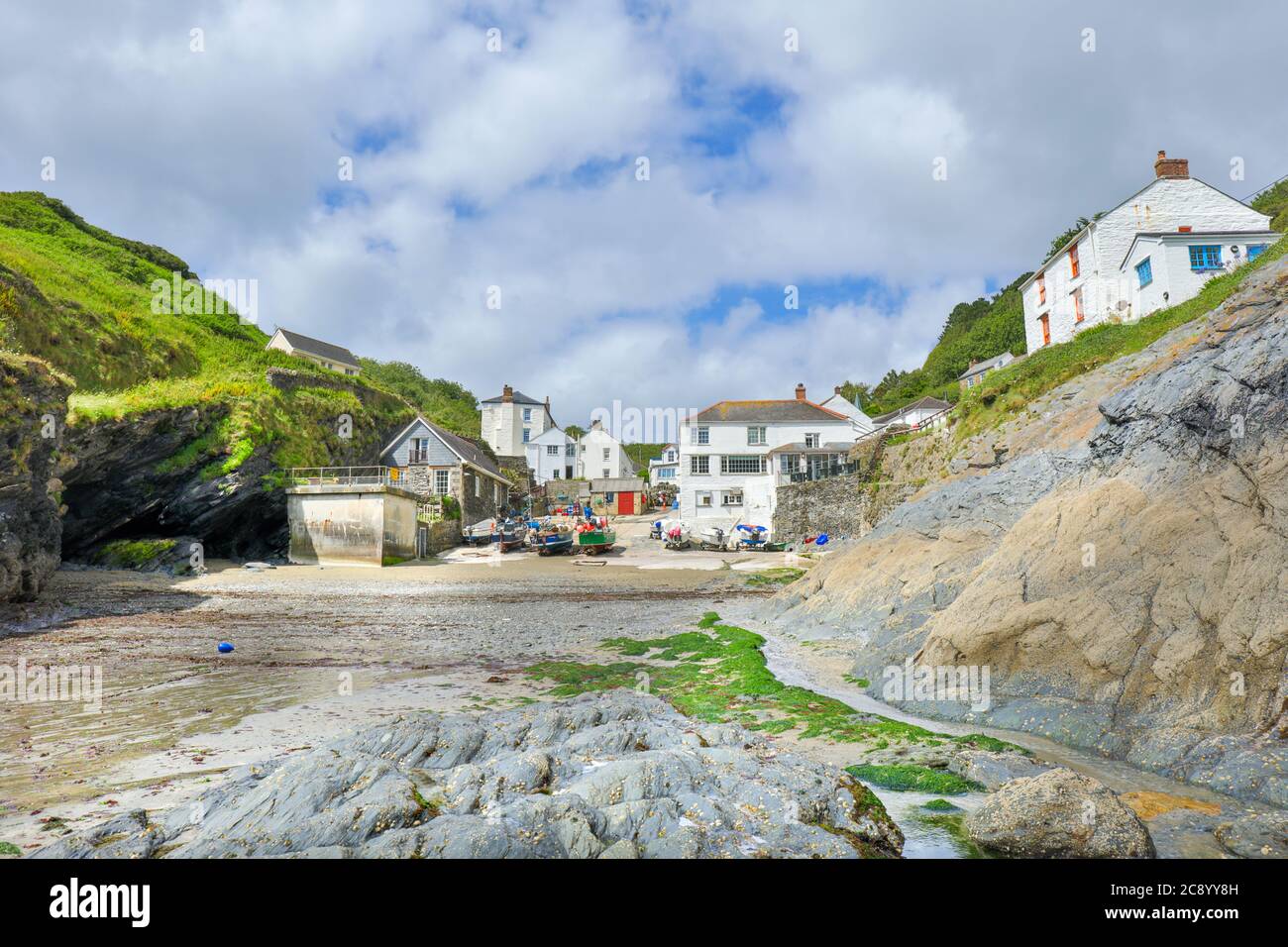 wide angle scenic view of the traditional Cornish village Portloe, with ...