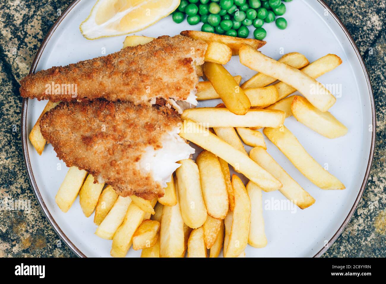 Fish and Chips with peas Stock Photo - Alamy