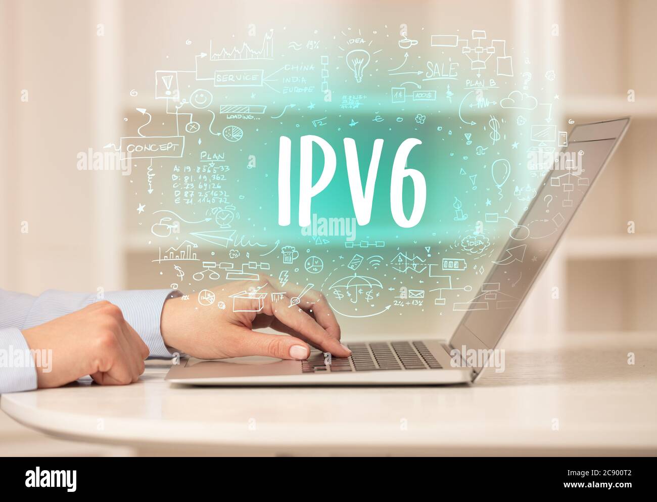 hand working on new modern computer with IPV6 abbreviation, modern ...