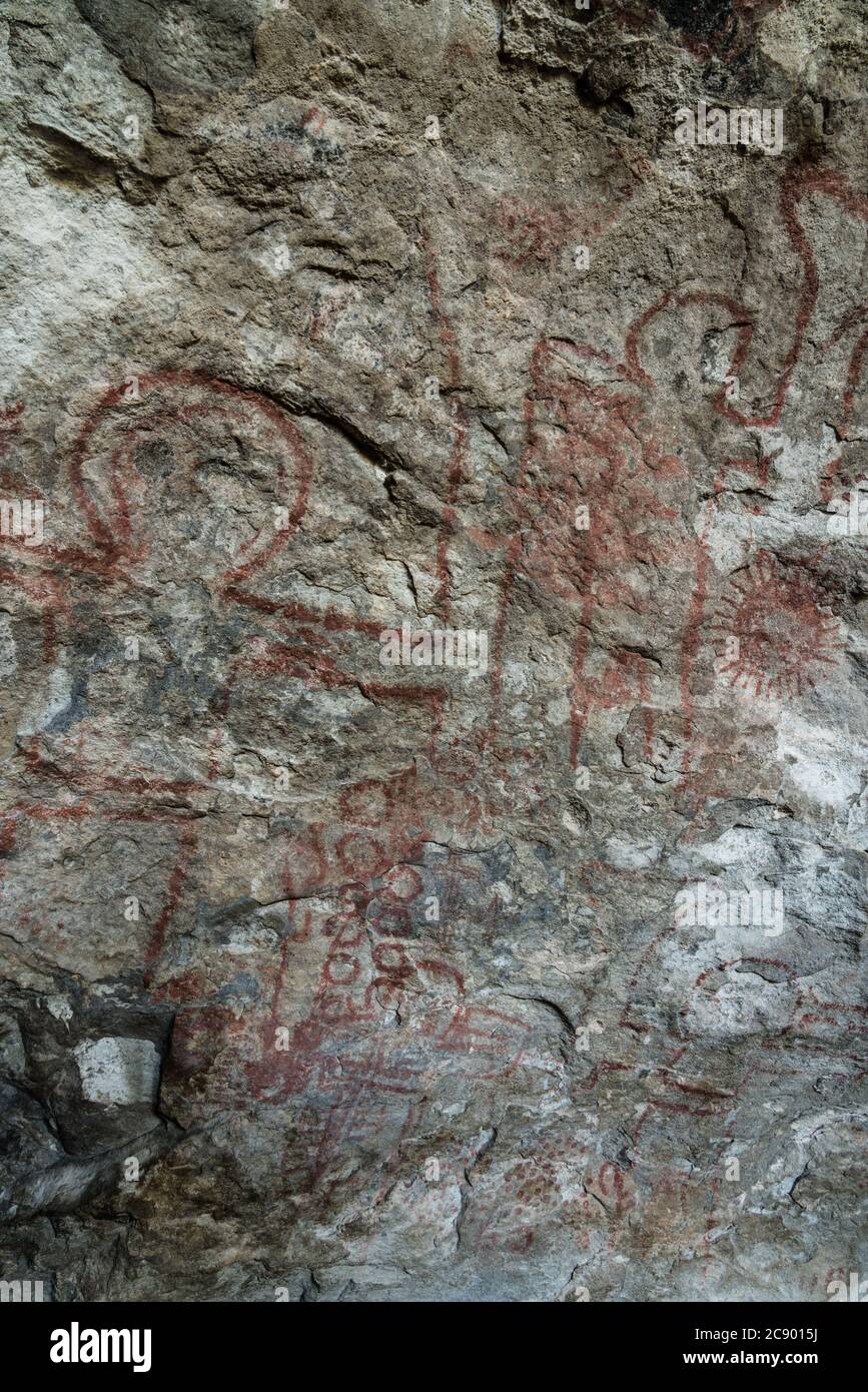 5,000 year old pictograph rock art paintings in the Mitla Caves in the ...