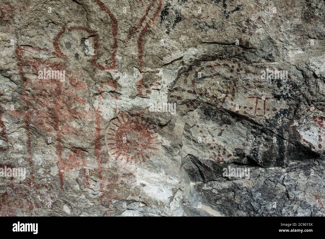 5,000 year old pictograph rock art paintings in the Mitla Caves in the ...