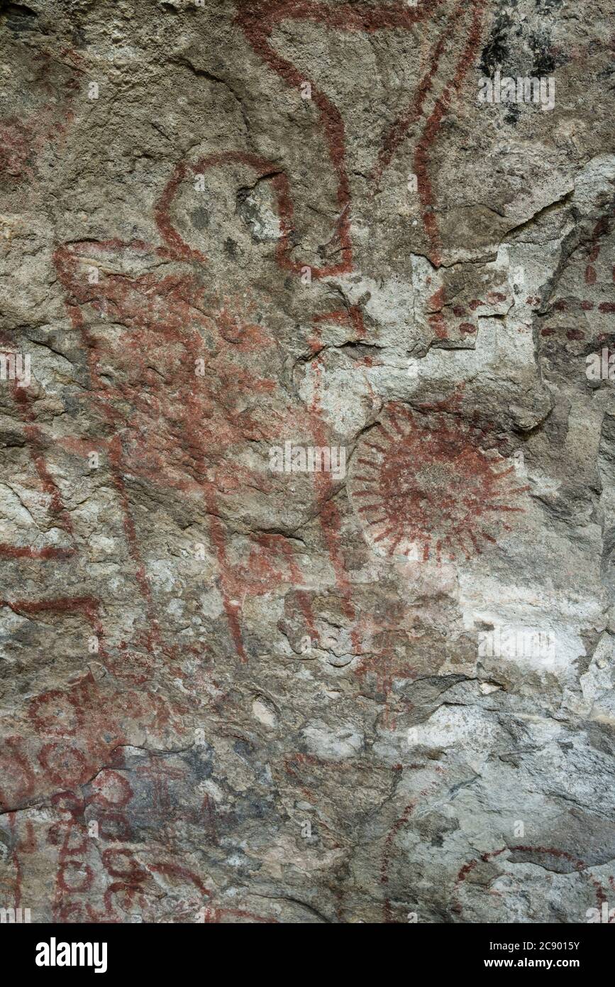 5,000 year old pictograph rock art paintings in the Mitla Caves in the ...