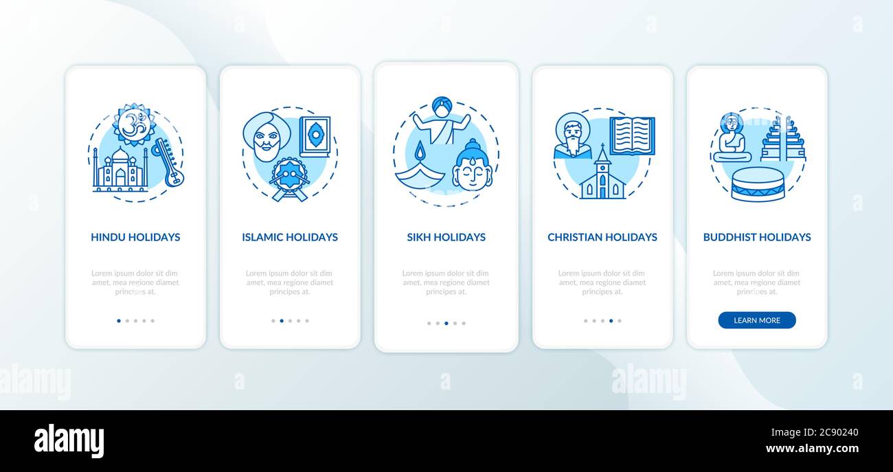 Indian religious holidays onboarding mobile app page screen with concepts. Hindu and Islamic ...