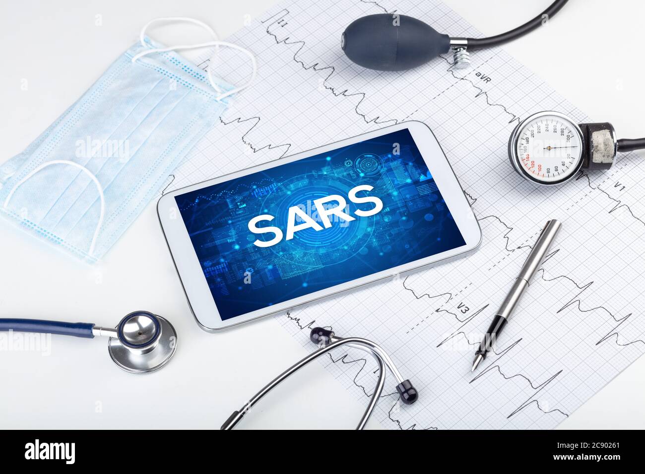 Close-up view of a tablet pc with SARS abbreviation, medical concept ...