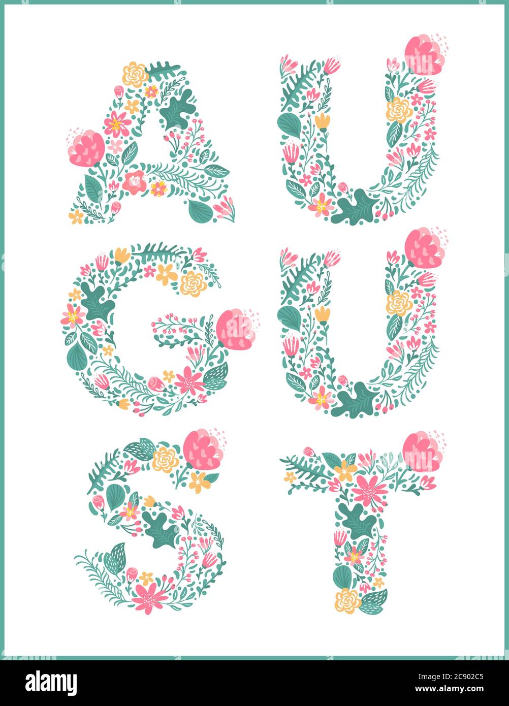 August hand drawn lettering text. Summer month vector with flowers and ...