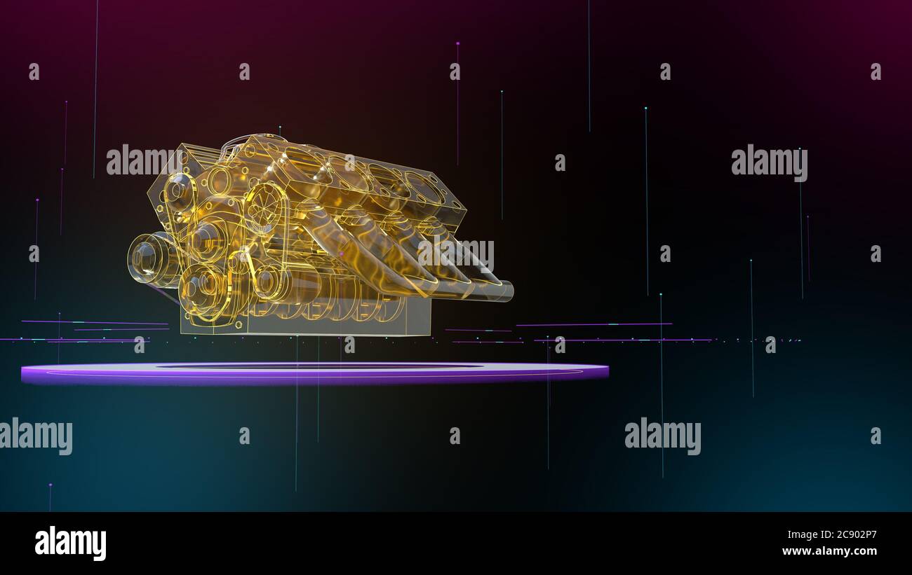 Glowing neon glass engine on lfhr backgound in cyberspace. Hi tech ...