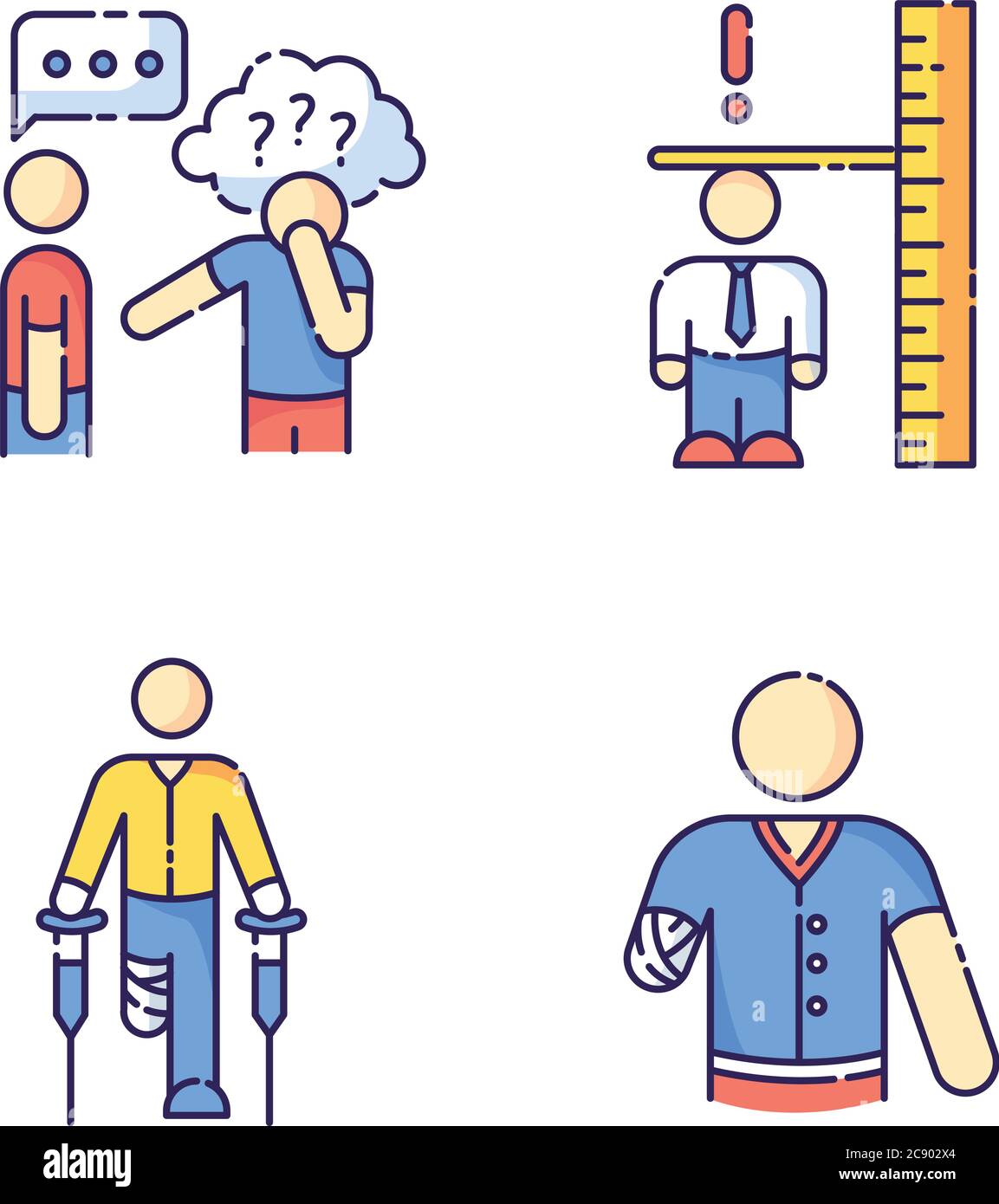 Medical condition RGB color icons set. Asperger syndrome. Difficulty ...