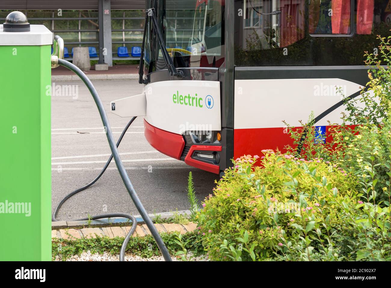 Closeup of electric bus of public transport at the charging station ...