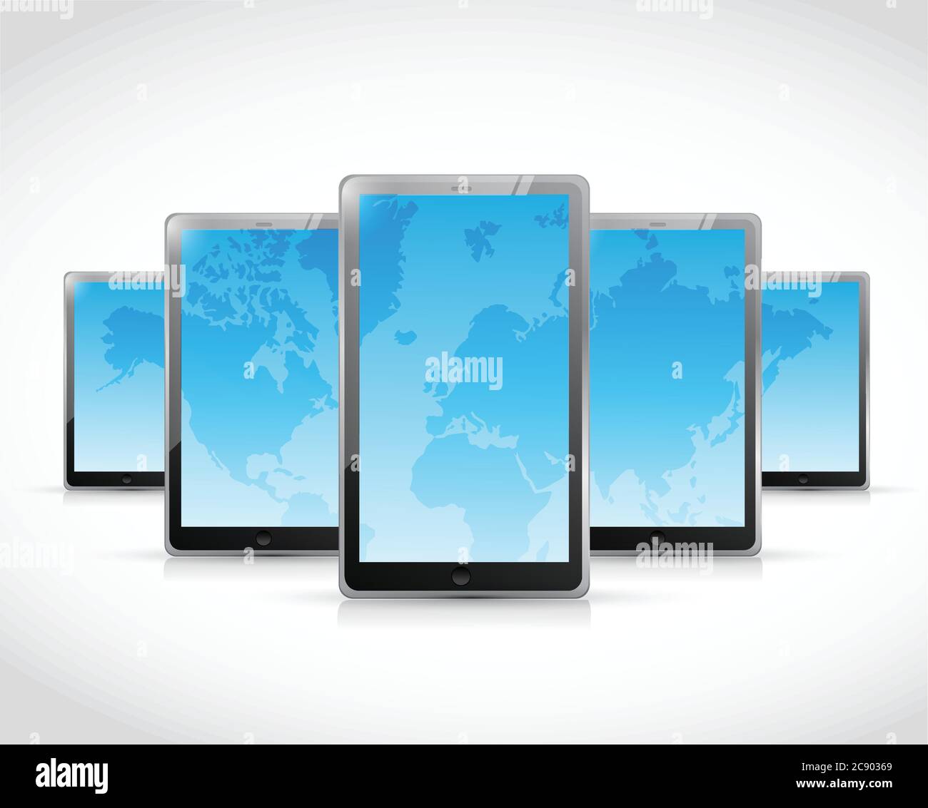 Set of tablets and a world map. illustration design over a white ...