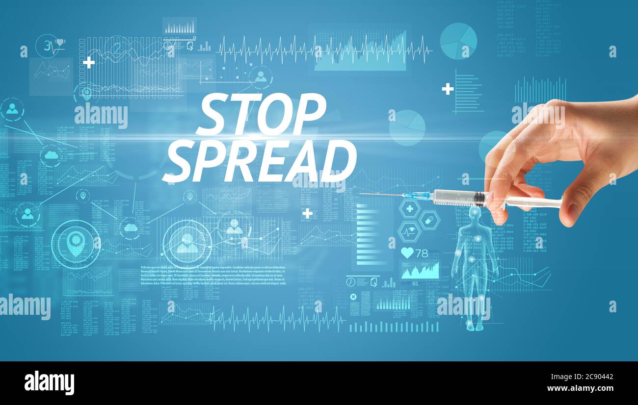 Syringe needle with virus vaccine and STOP SPREAD inscription, antidote concept Stock Photo - Alamy
