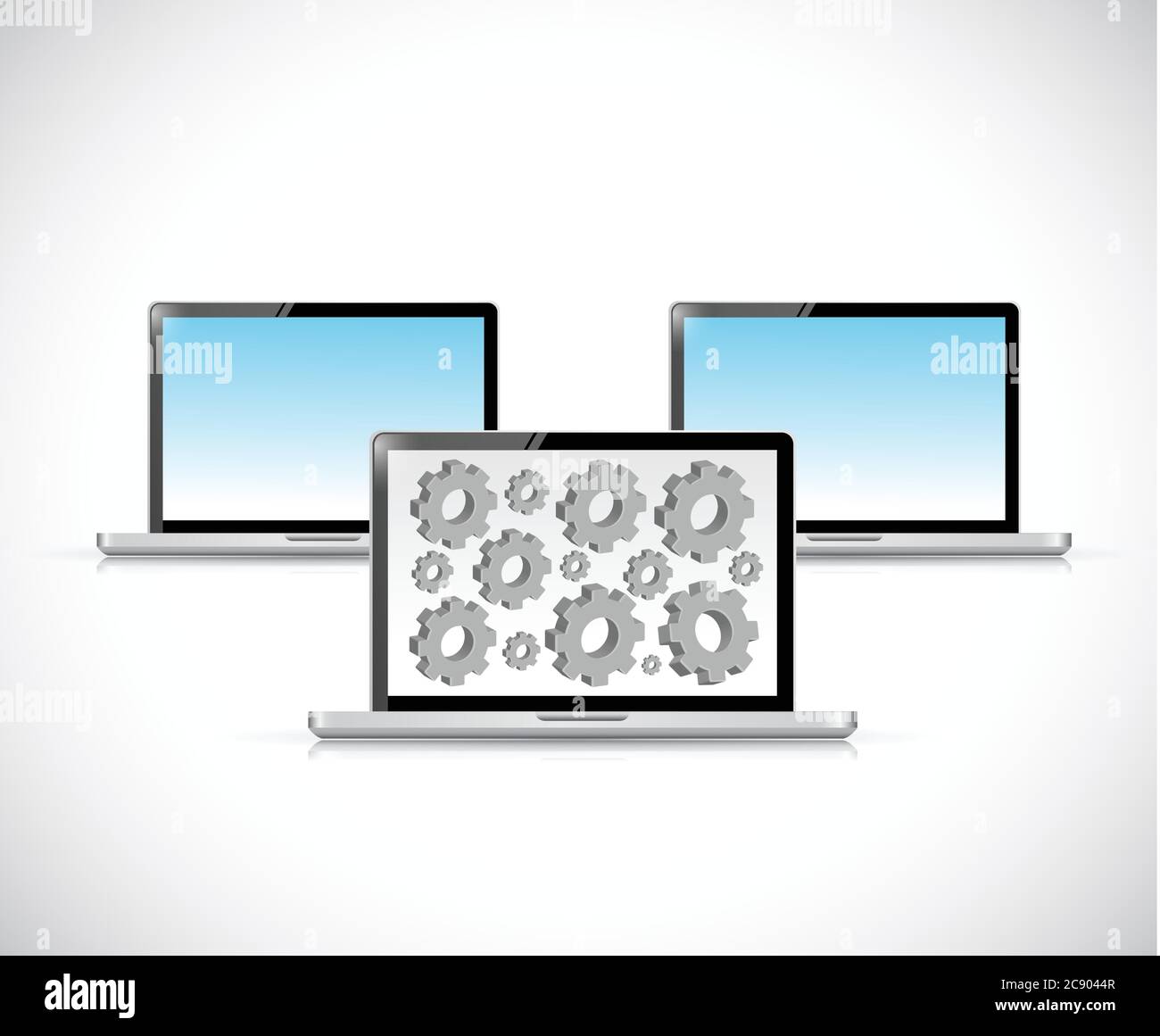 Set of laptops and gears illustration design over a white background ...