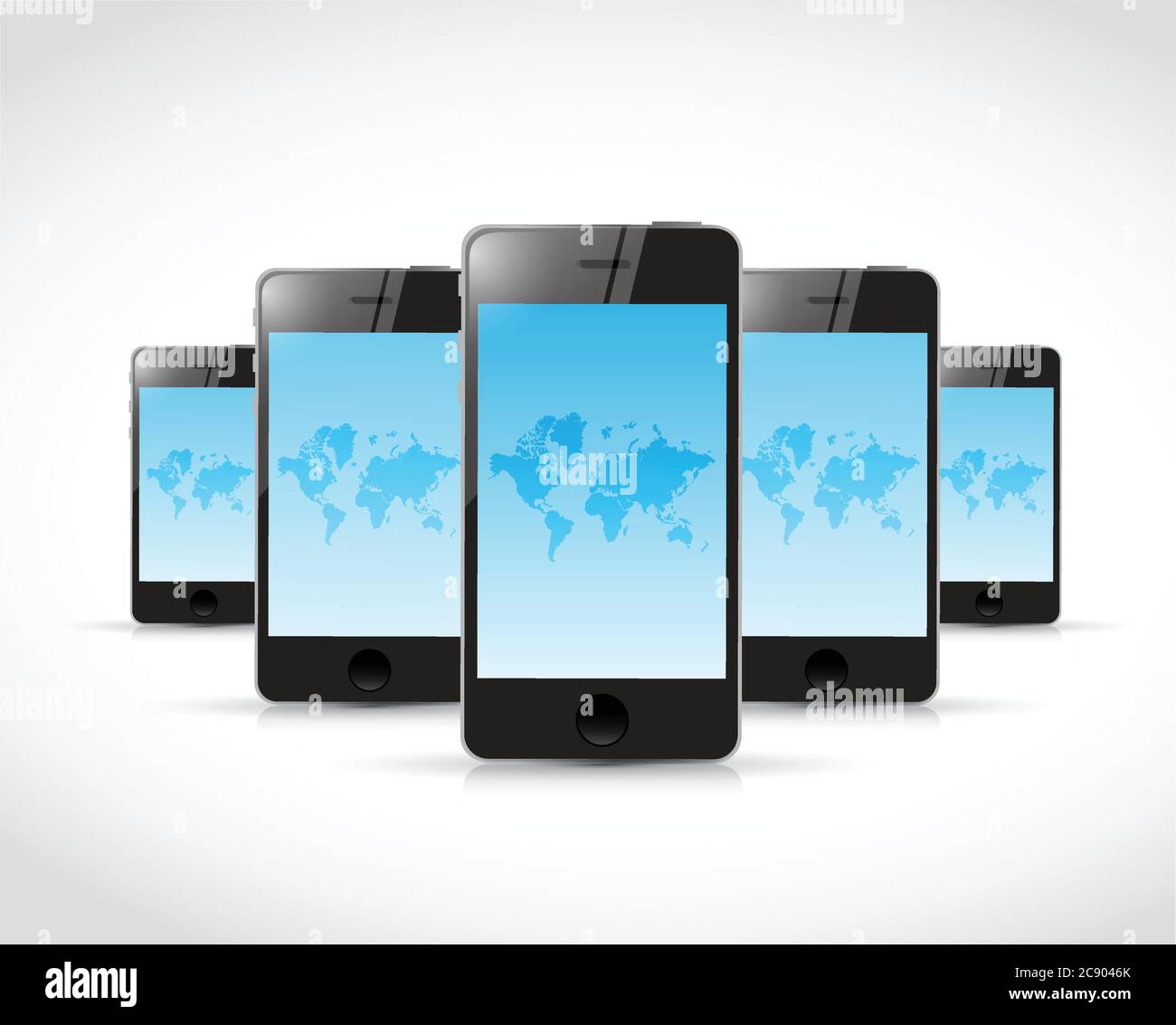 Set of phones and world maps. illustration design over a white ...