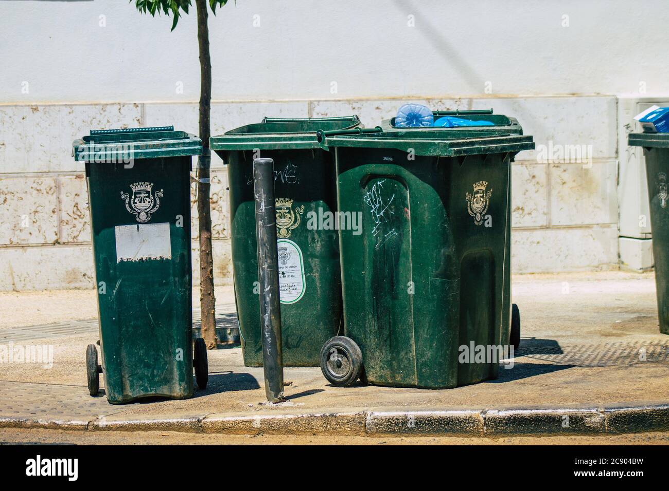 Lisbon Portugal july 27, 2020 Closeup of garbage container in the ...
