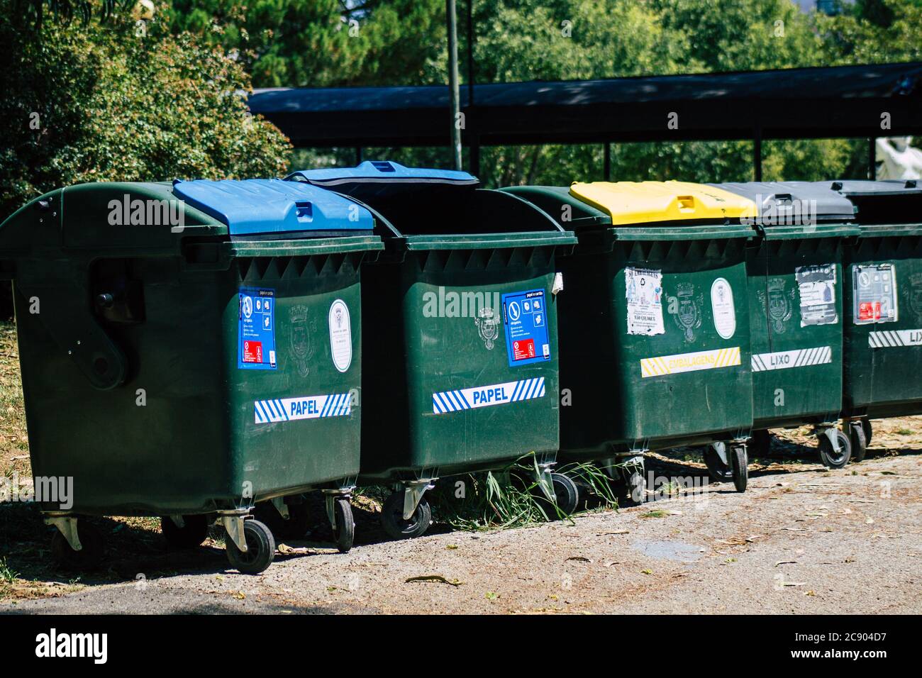 Lisbon Portugal july 27, 2020 Closeup of garbage container in the ...