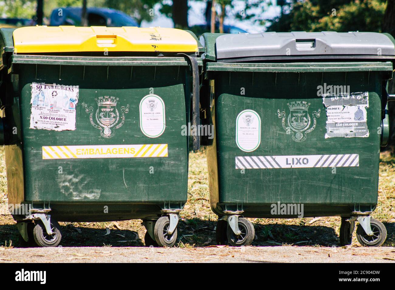 Lisbon Portugal july 27, 2020 Closeup of garbage container in the ...